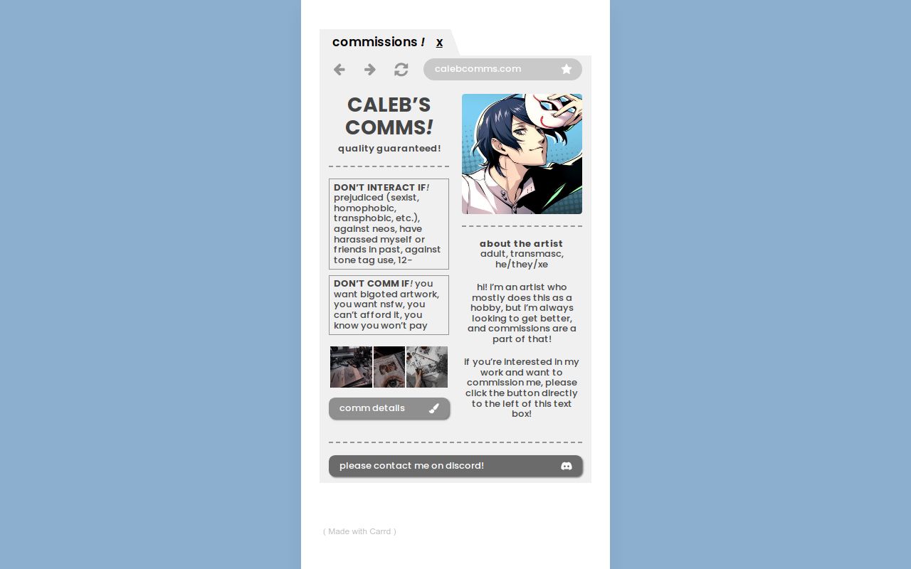 caleb’s commission carrd!